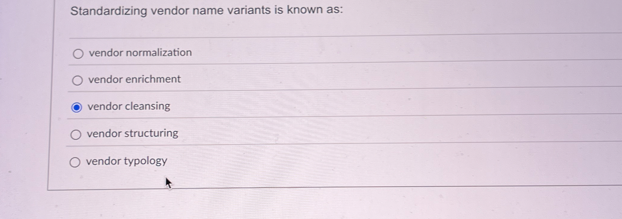 Solved Standardizing vendor name variants is known as:vendor | Chegg.com