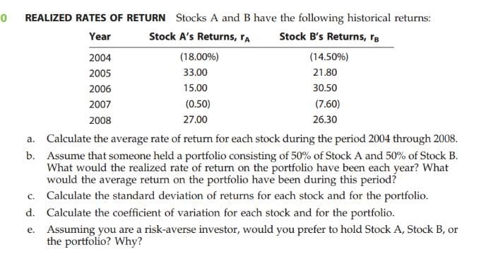 Solved 0 ﻿REALIZED RATES OF RETURN Stocks A and B have the | Chegg.com