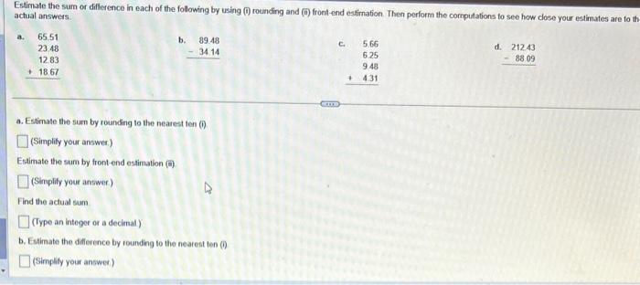 Solved Estimate the sum or difference in each of the | Chegg.com