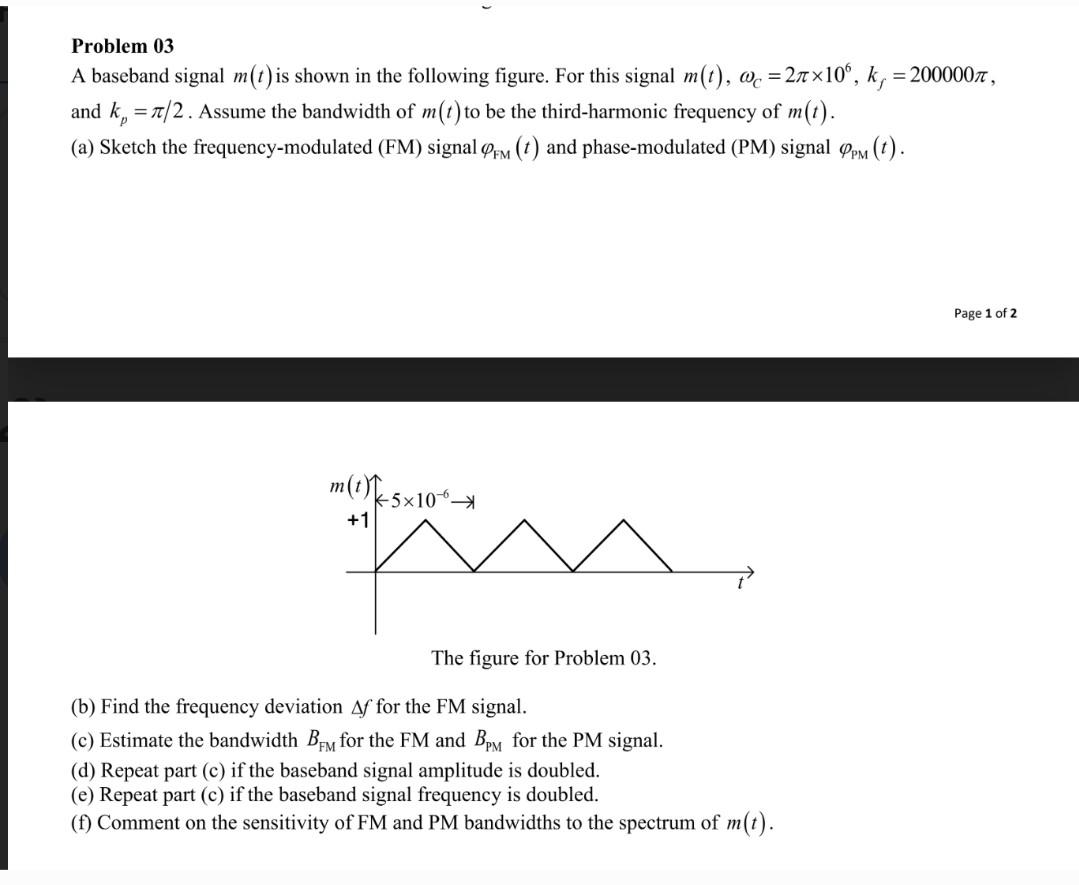 Problem 03 A baseband signal m(t) is shown in the | Chegg.com