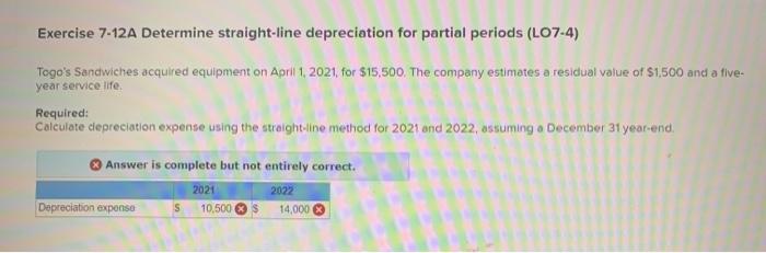 Solved Exercise 7-12A Determine straight-line depreciation | Chegg.com