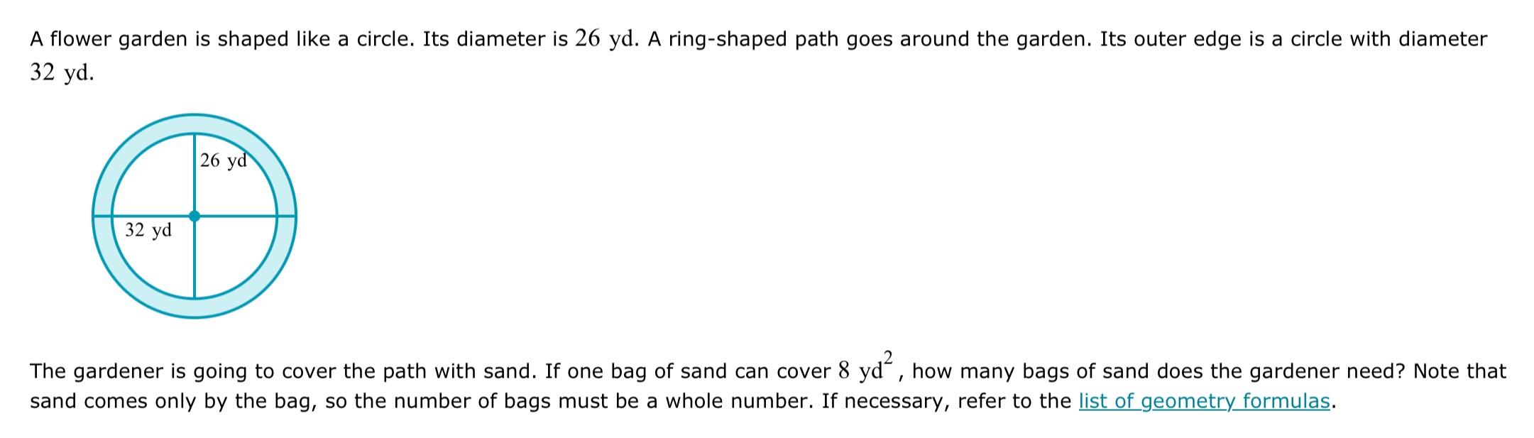 Solved A flower garden is shaped like a circle. Its diameter | Chegg.com