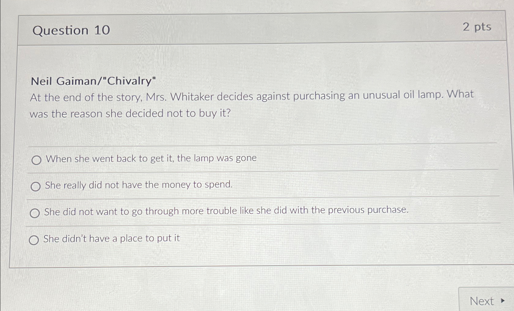 Solved Question 102 ﻿ptsNeil Gaiman/"Chivalry"At the end of | Chegg.com