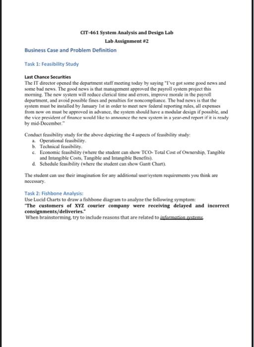 CIT-461 System Analysis and Design Lab Lab Assignment | Chegg.com