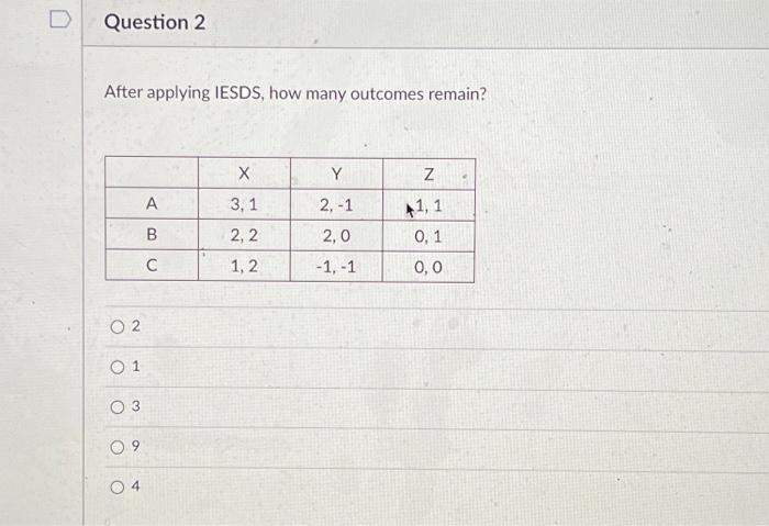 Question 2 After applying IESDS, how many outcomes | Chegg.com