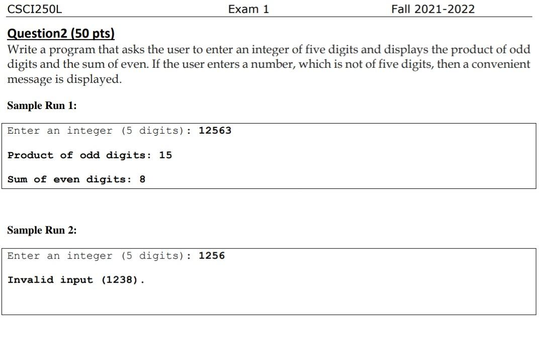 Solved Csci250l Exam 1 Fall 2021 2022 Question 2 50 Pts 