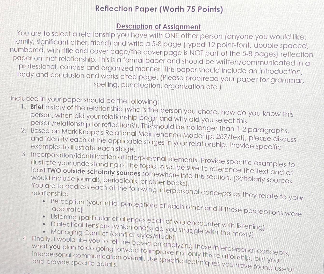Solved Reflection Paper (Worth 75 ﻿Points)Description of | Chegg.com