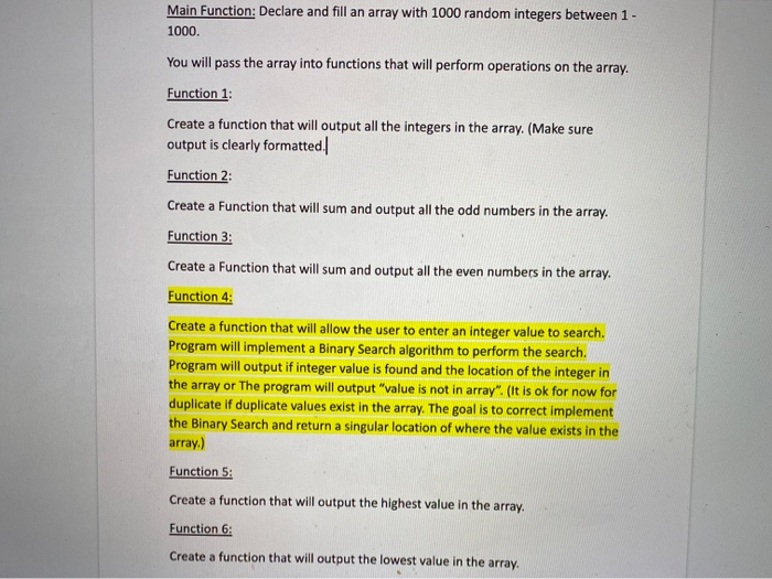 Solved Main Function: Declare and fill an array with 1000 | Chegg.com
