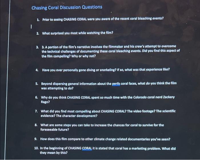 Solved Chasing Coral Discussion Questions 2. Prior to seeing | Chegg.com