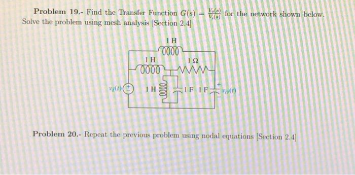 Solved for the network shown Problem 19.- Find the Transfer | Chegg.com