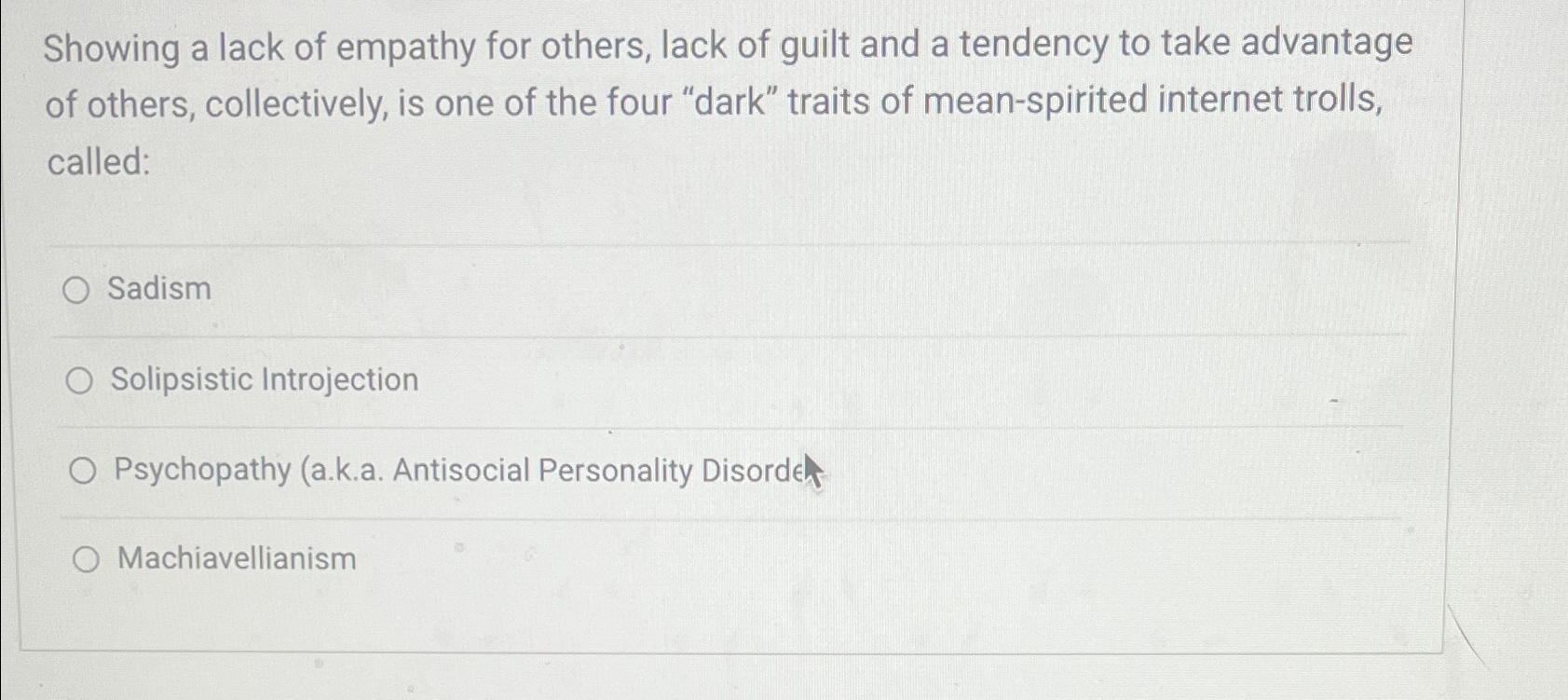 Solved Showing a lack of empathy for others, lack of guilt | Chegg.com