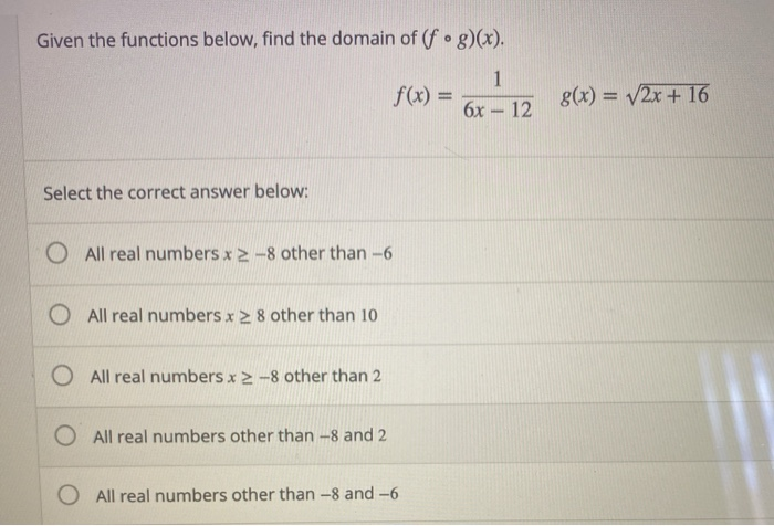 Solved given the functions below, find the domain of (f • | Chegg.com