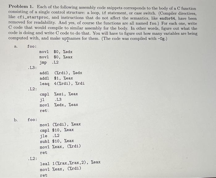 Solved Problem 1. Each of the following assembly code | Chegg.com