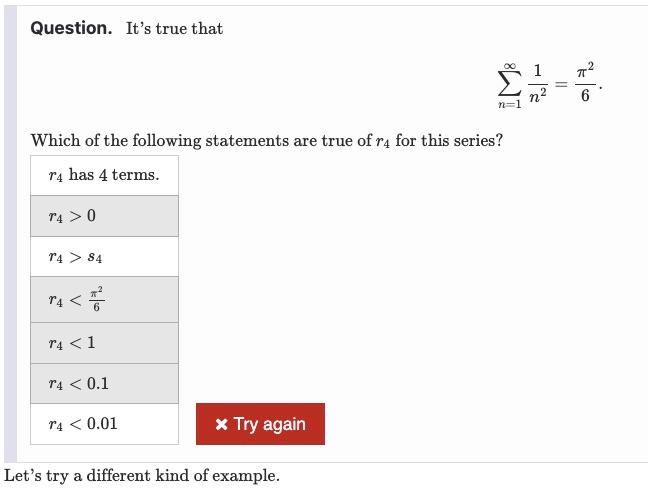 Solved Question. It's true that ∑n=1∞n21=6π2 Which of the | Chegg.com