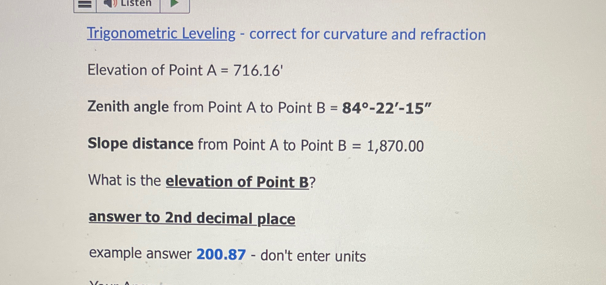 Solved Trigonometric Leveling - ﻿correct for curvature and | Chegg.com