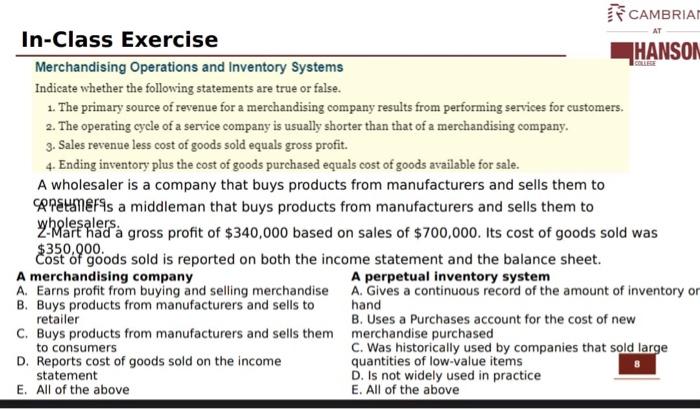 In-Class Exercise Merchandising Operations and | Chegg.com
