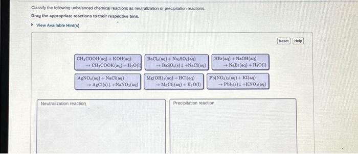 Solved Classify the following unbalanced chemical reactions | Chegg.com