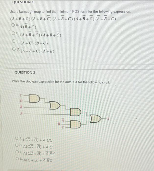 Solved QUESTION 1 Use a karnaugh map to find the minimum POS | Chegg.com