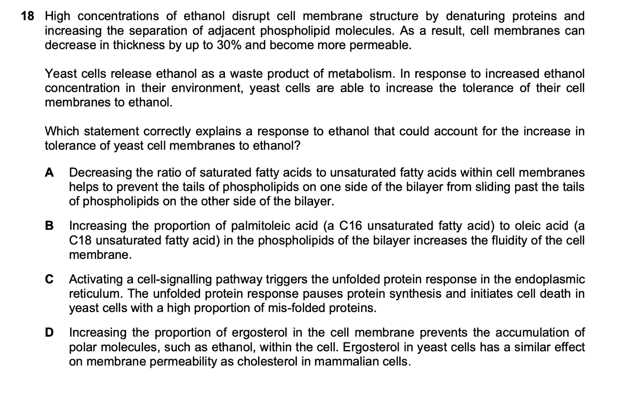 Solved 18 ﻿High concentrations of ethanol disrupt cell | Chegg.com