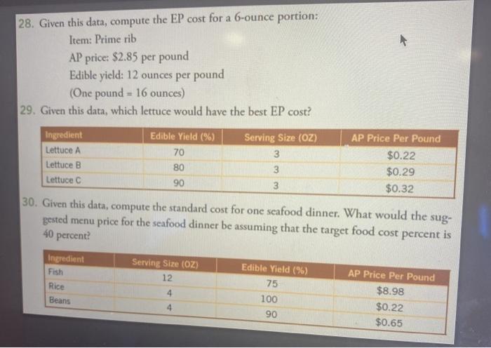 Solved 28. Given this data, compute the EP cost for a | Chegg.com