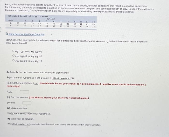 Solved A cognitive retraining clinic assists outpatient | Chegg.com