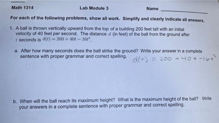 Solved Math 1314 Lab Module 3 Name For each of the following | Chegg.com