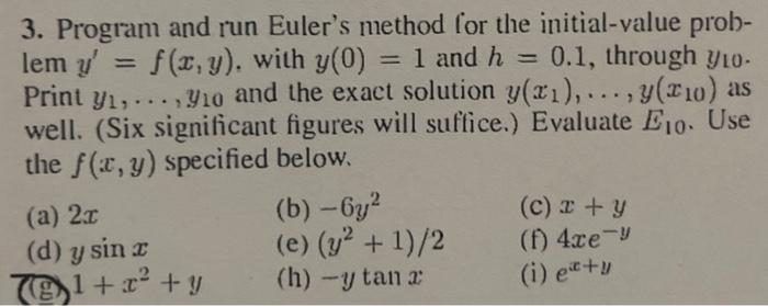 Solved 3. Program and run Euler's method for the | Chegg.com