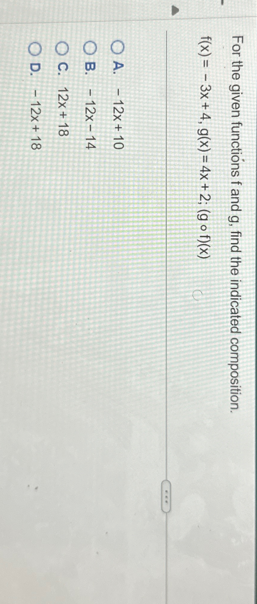 Solved For the given functions f ﻿and g, ﻿find the indicated | Chegg.com