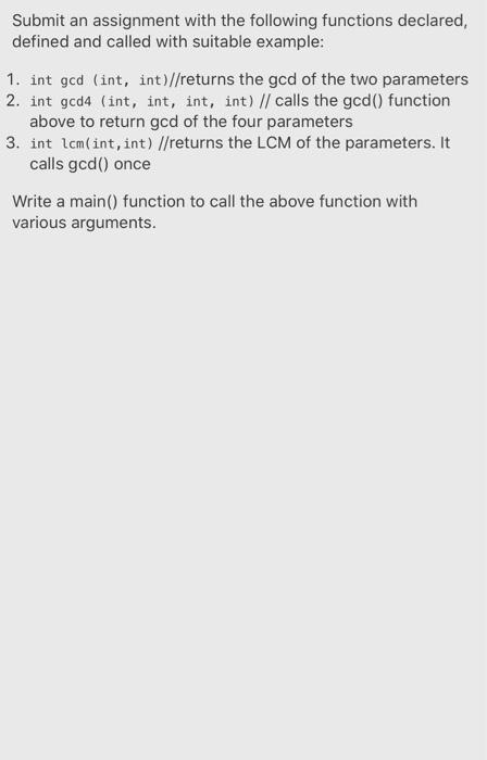 Solved Submit an assignment with the following functions | Chegg.com