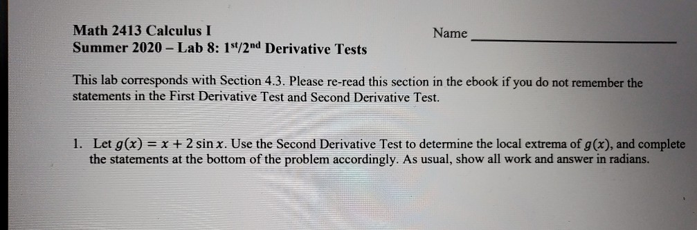 Solved Math 2413 Calculus I Summer 2020 - Lab 8: 1st/2nd | Chegg.com