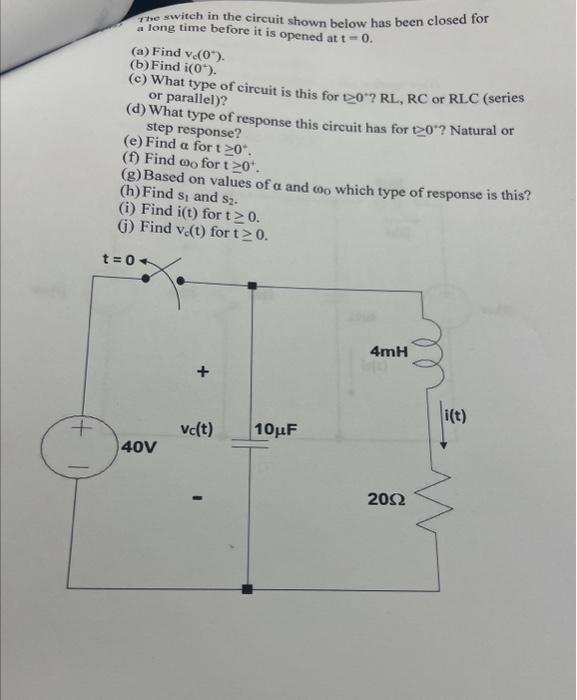 Solved The switch in the circuit shown below has been closed | Chegg.com