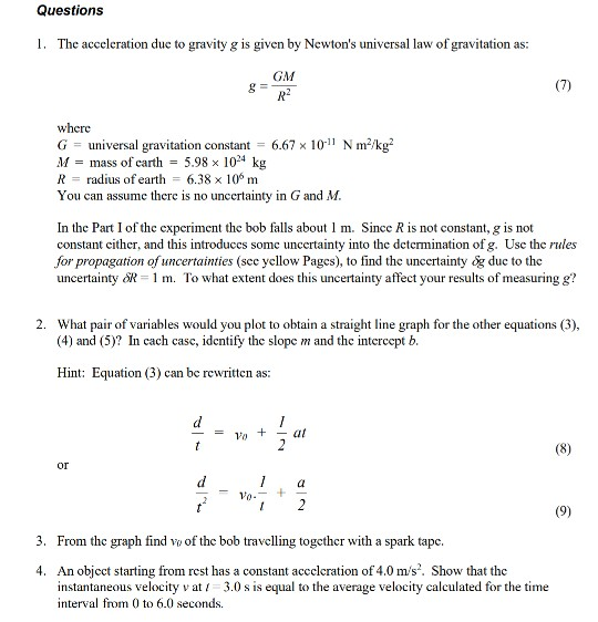 Solved Experiment 4 THE ACCELERATION DUE TO GRAVITY (please, | Chegg.com