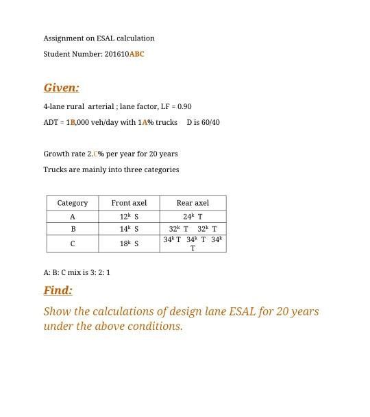 Solved Assignment on ESAL calculation Student Number: | Chegg.com
