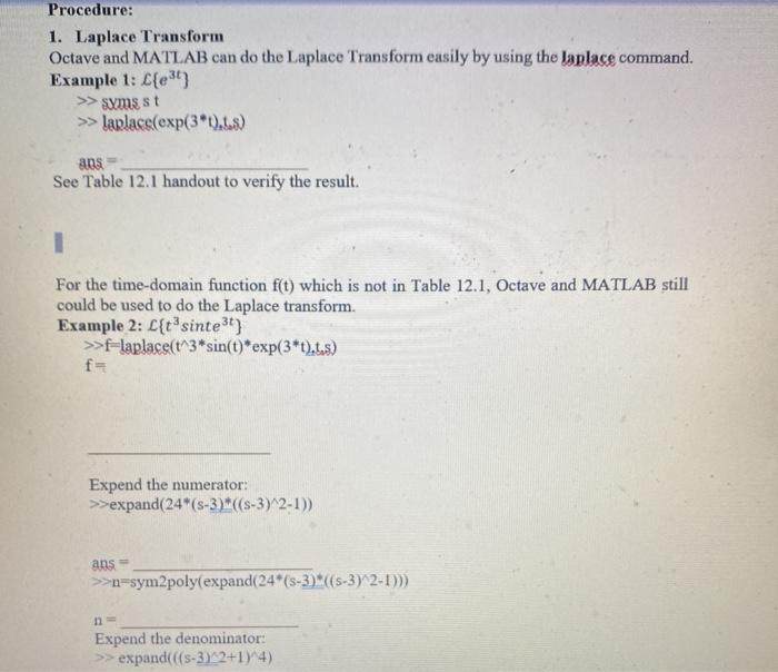 Procedure: 1. Laplace Transform Octave and MATLAB can | Chegg.com