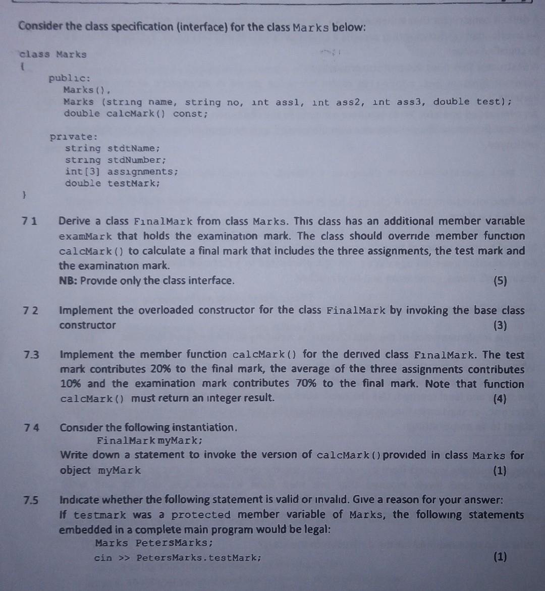 Solved Consider the class specification (interface) for the | Chegg.com