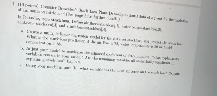 Solved 1. (10 points) Consider Brownlee's Stack Loss Plant | Chegg.com