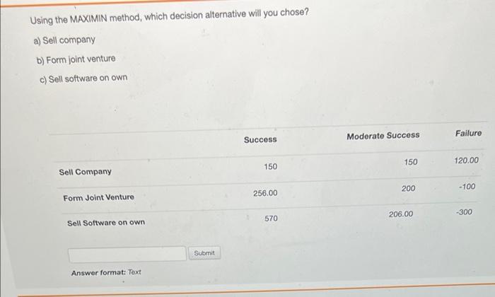 Solved Using the MAXIMIN method, which decision alternative | Chegg.com