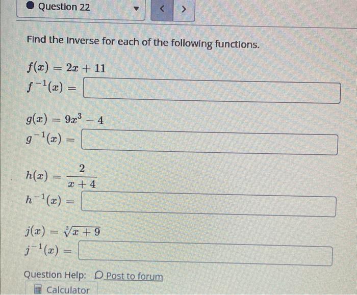 Solved Find the Inverse for each of the following functions. | Chegg.com