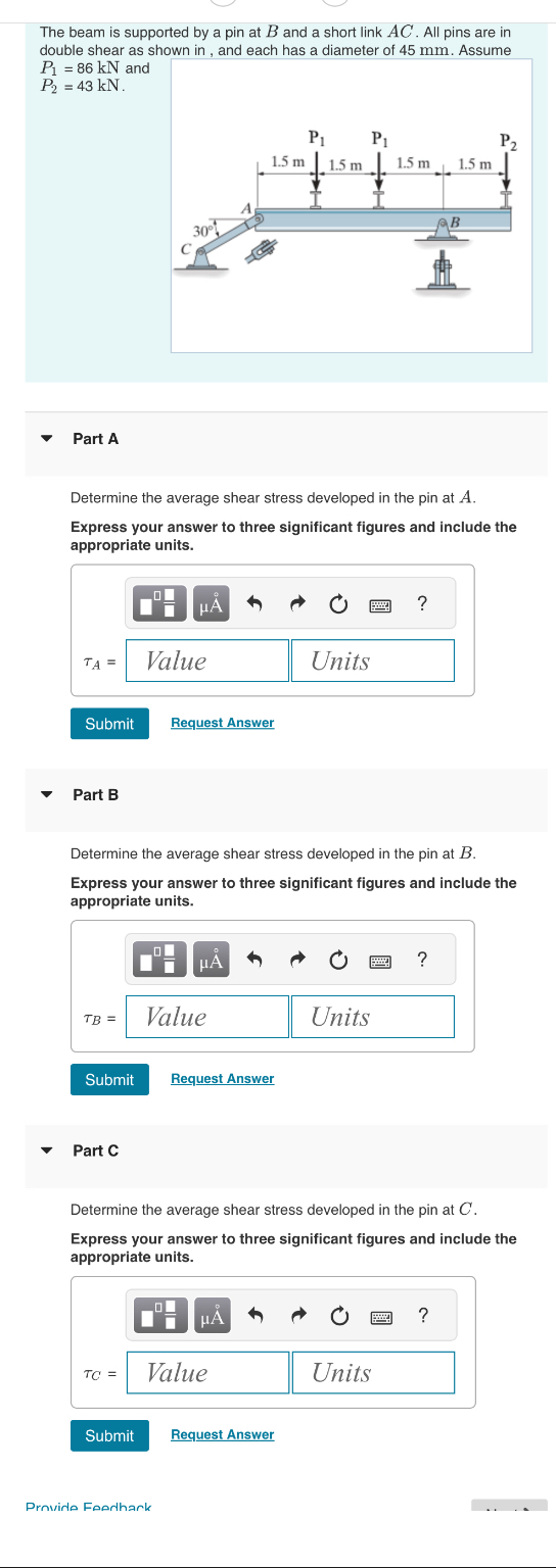 Solved The beam is supported by a pin at B ﻿and a short link | Chegg.com
