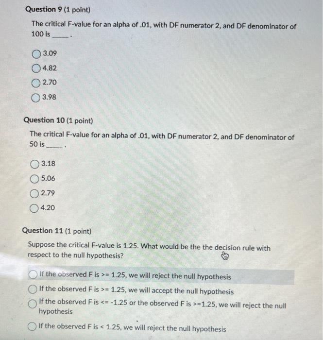 Solved The critical F-value for an alpha of .01, with DF | Chegg.com