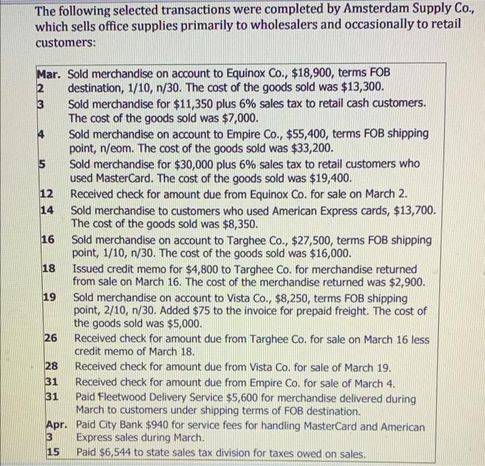 Solved The following selected transactions were completed by | Chegg.com