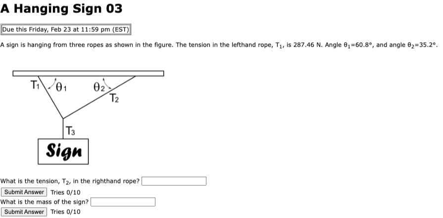Solved A Hanging Sign 03A sign is hanging from three ropes | Chegg.com
