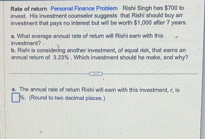 Solved Rate of return Personal Finance Problem Rishi Singh | Chegg.com