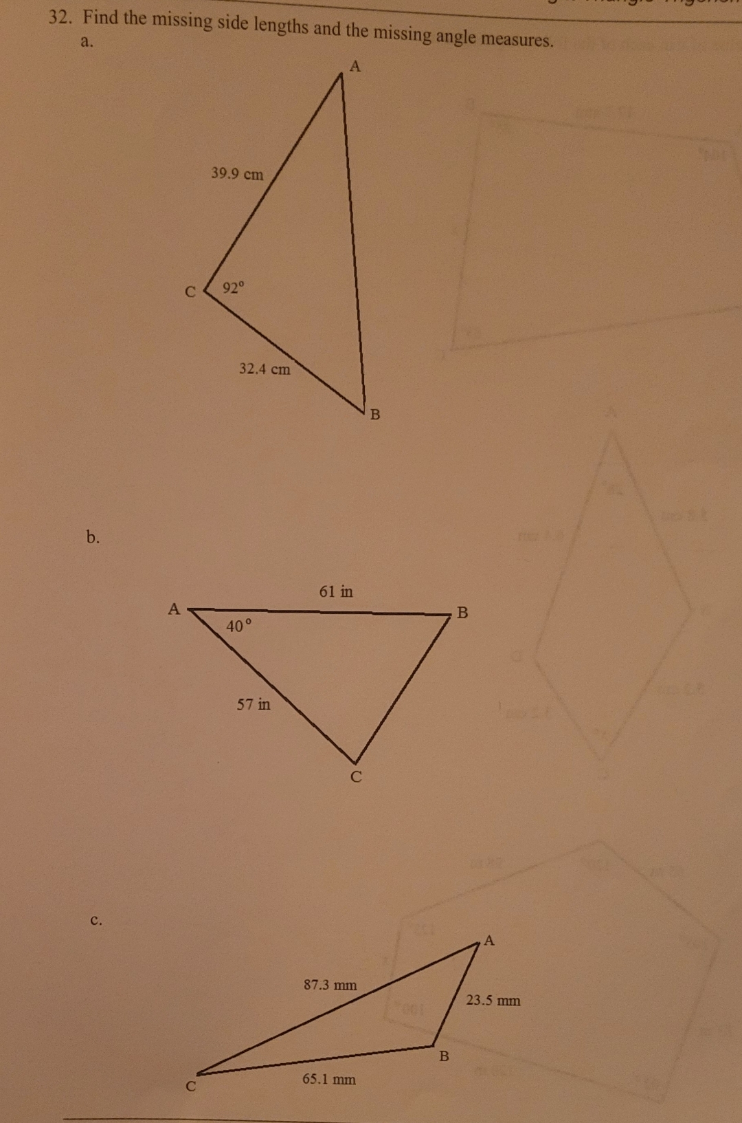 Solved Find The Missing Side Lengths And The Missing Angle Chegg