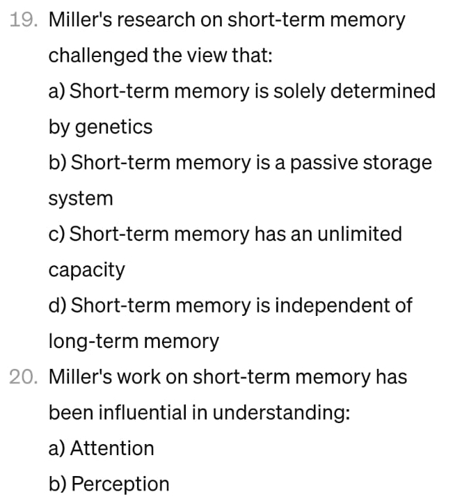 Solved Miller's research on short-term memory challenged the | Chegg.com