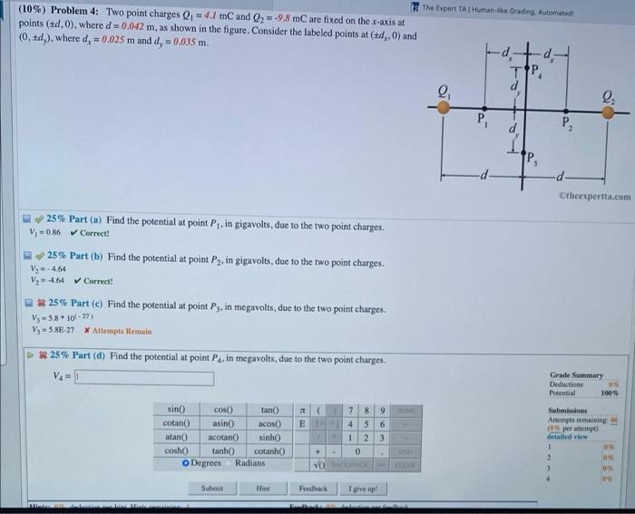Solved (10\%) Problem 4: Two point charges Q1=4.1mC and | Chegg.com