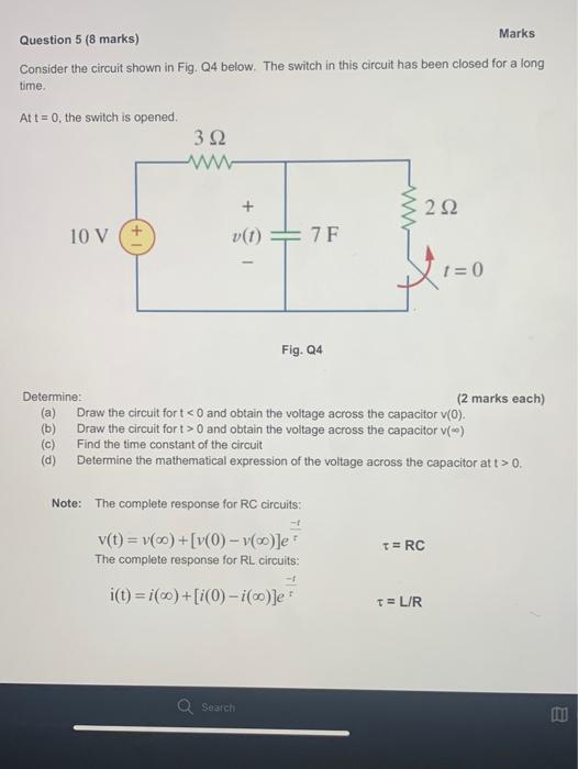 Solved Question 5 (8 marks) Marks Consider the circuit shown | Chegg.com Solved Question 5 (8 marks) Marks Consider the circuit shown | Chegg.com