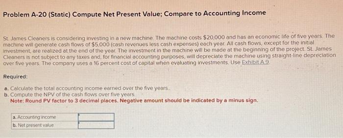 Solved Problem A-20 (Static) Compute Net Present Value; | Chegg.com