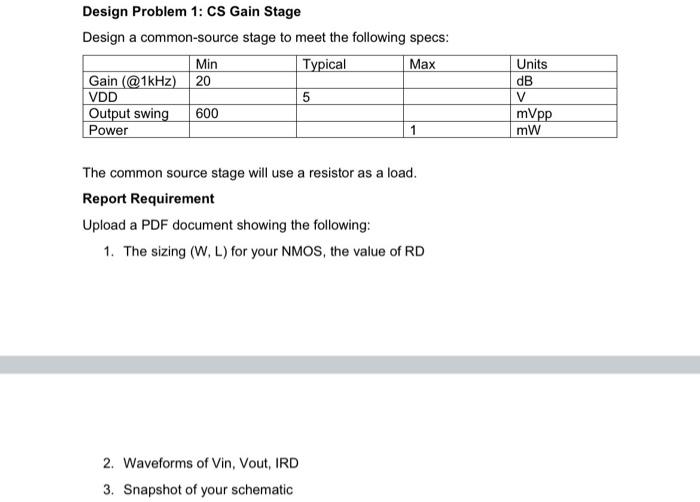 Solved Design Problem 1: CS Gain Stage Design a | Chegg.com