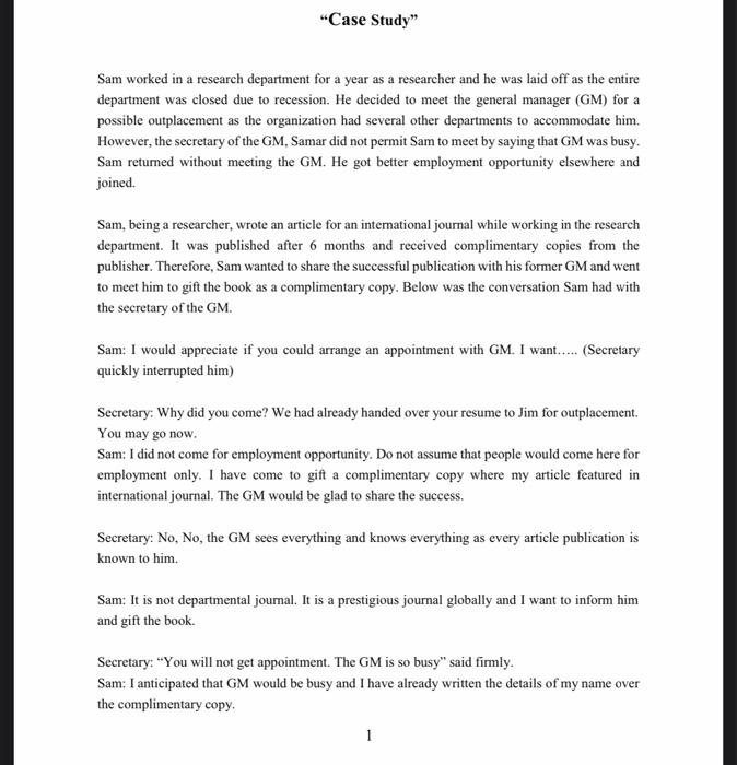Solved "Case Study" Sam worked in a research department for | Chegg.com